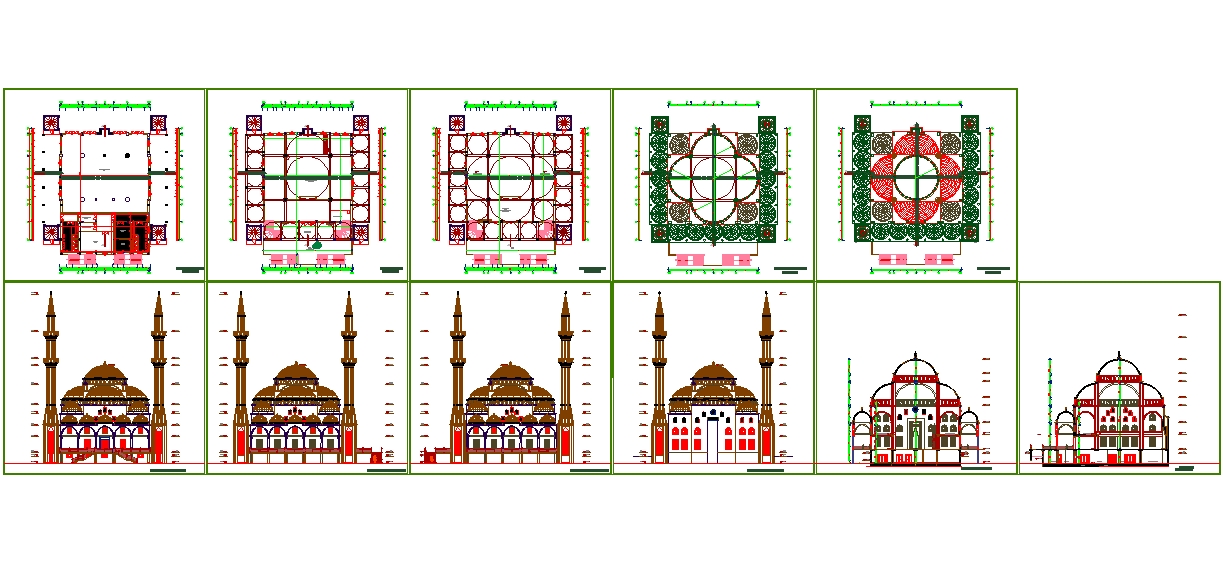 Autocad cami çizimi - ufak cami projesi - ufak cami çizimi - 4 minareli ...